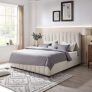 KOYVRY Tall Headboard Bed Frame - Upholstered Bed Frame with Vertical Stitching Design and Wingback Design, Bedframe with Wooden Slat Support, No Box Spring Needed (White, Queen)