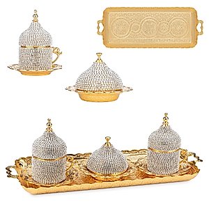 Alisveristime Ottoman Turkish Greek Arabic Espresso Coffee Cups with Saucer and Lid (Crystal Set) (Set of 2) (Gold)
