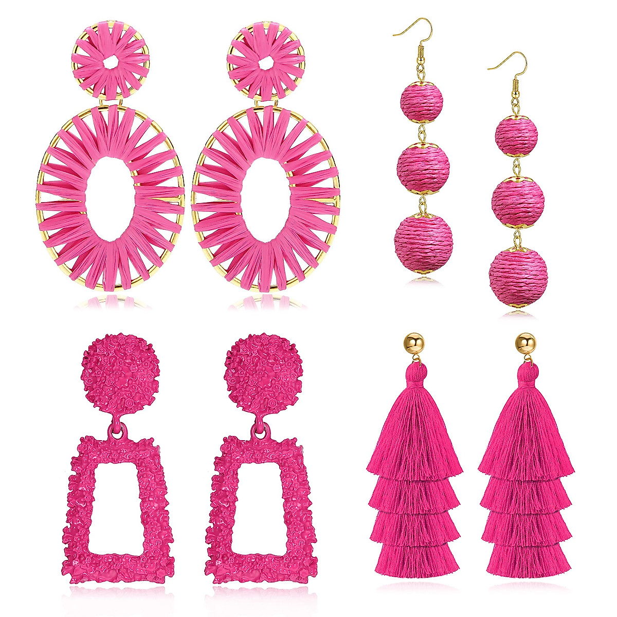 Fansilver Statement Earrings Drop Raffia Earrings Dangle Geometric Earrings Boho Long Tassel Earrings Hot Pink Earrings for Women