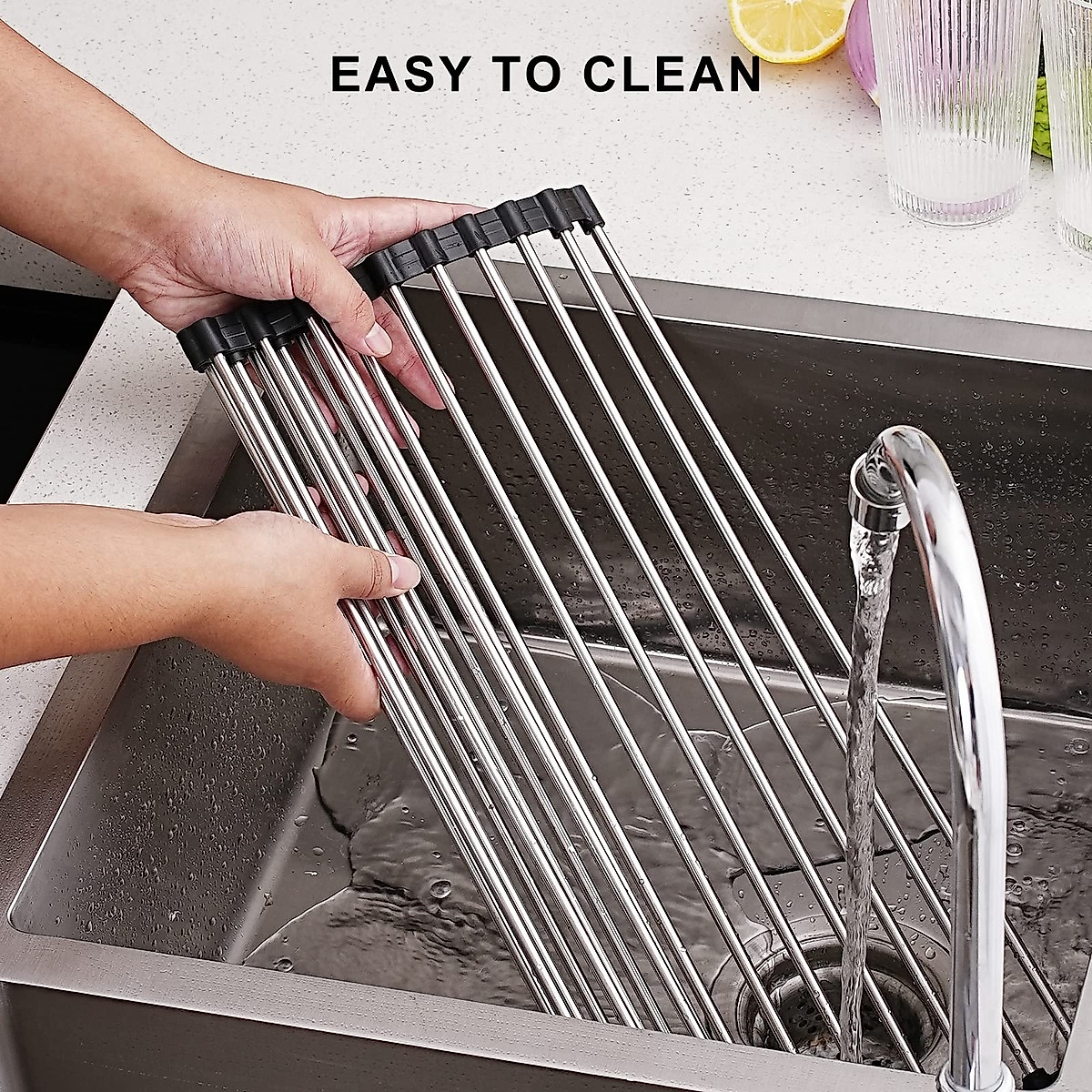 NileHome Roll Up Dish Drying Rack, Sink Drying Rack Over Sink Dish Drying Rack 304 Stainless Steel Foldable Drain Rack for Kitchen Sink Counter Utensils Vegetables and Fruits (17.5''X13.4'')，Black
