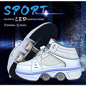 LDTXH Automatic Walking Shoes Invisible Roller Skate, 2-in-1 Parkour Shoes/Inline Roller Skating Shoes, Double-Row Quad Roller Skates Outdoor Sports Kick Rollershoes,White with Light,7.5