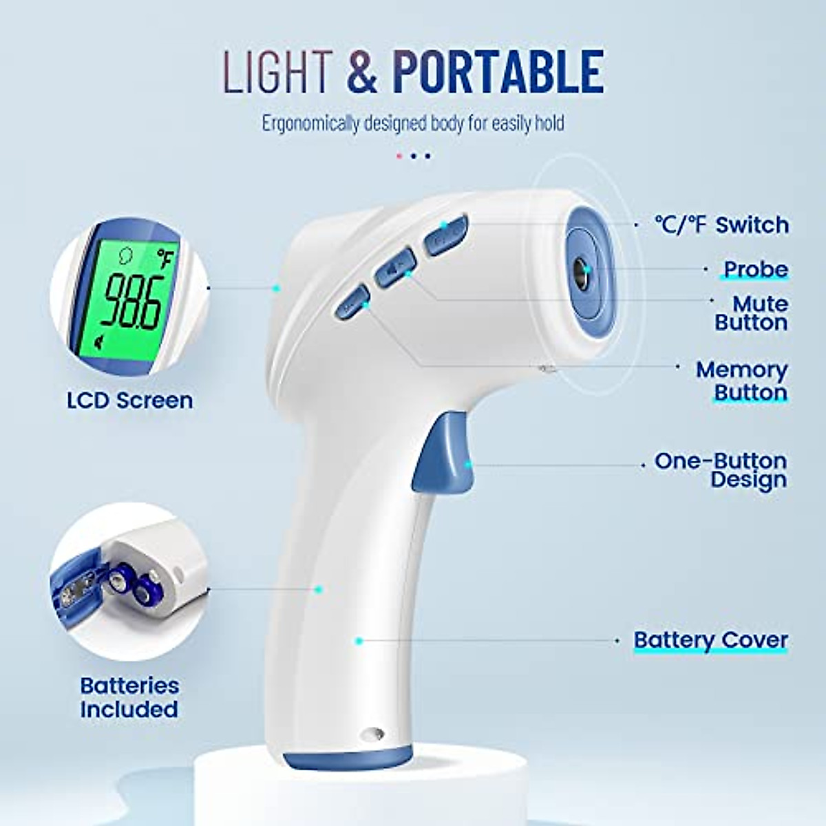 Touchless Thermometer for Adults, Digital Infrared Thermometer Gun with Fever Alarm, Forehead and Object 2 in 1 Mode, Fast Accurate Results (White)