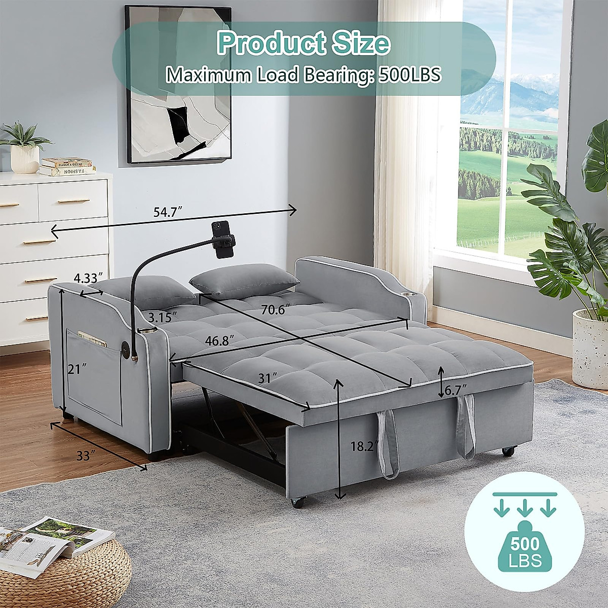 Lakifun Convertible Sleeper Sofa Bed, Modern Velvet Loveseat w/Pull Out Couch, 54.7" Loveseats Sofa w/Adjsutable Backrest, Cup Holders and USB Port, Swivel Phone Stand,Grey