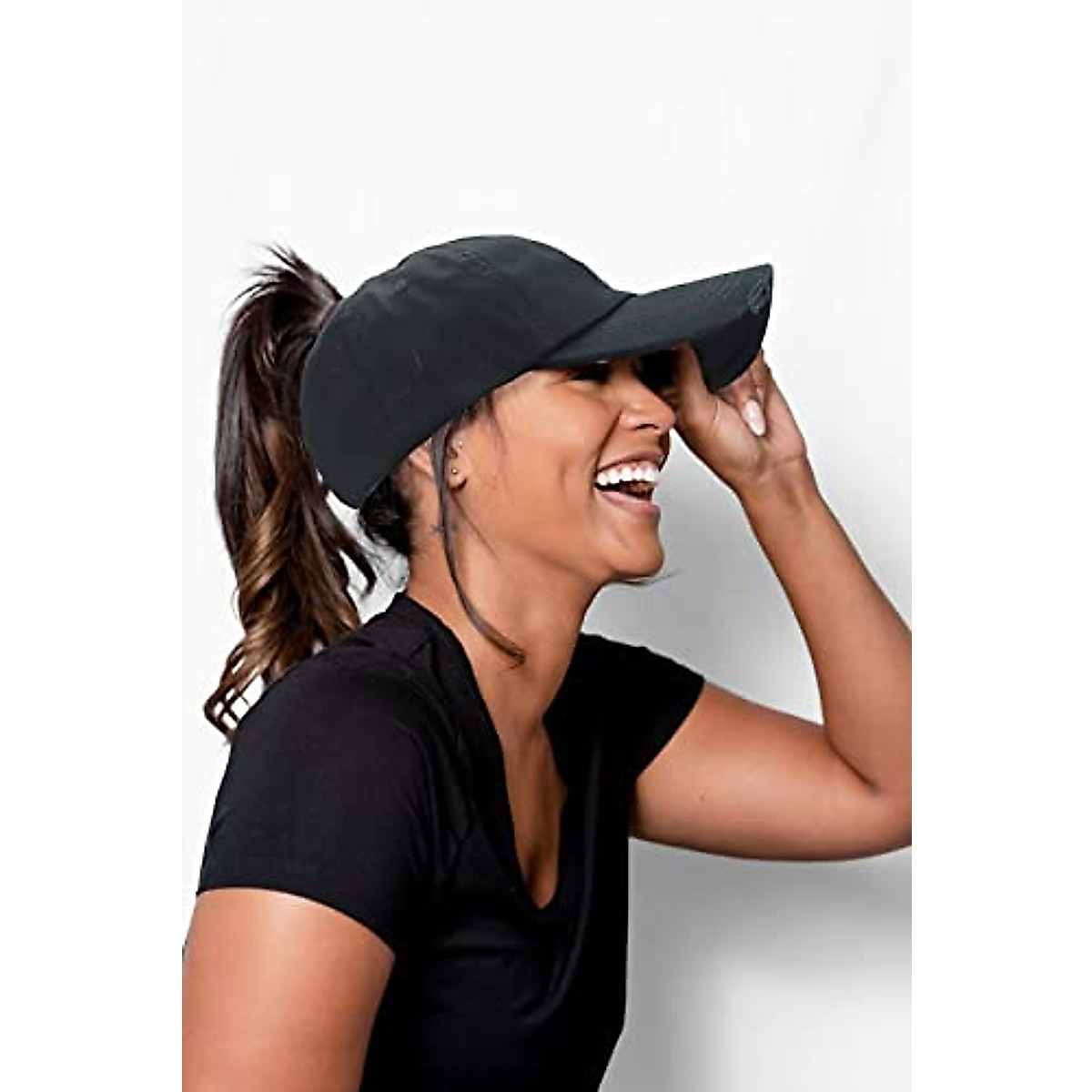 INOGIH Women Distressed High Bun Ponycaps Baseball-Hat Girls Cotton Ponytail Baseball-Cap Adjustable Black