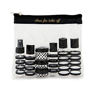Miamica “Clear for Take Off” TSA Compliant Travel Bottles and Travel Toiletry Bag – Includes 12 Pieces – 7.55" L x 7.4" W x 1.8" D, Clear/Black – Cute Travel Gifts