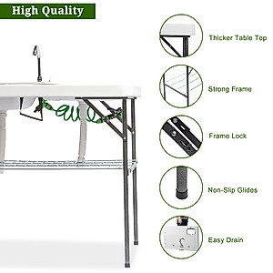 VINGLI Folding Fish Cleaning Table with 2 Sink, Outdoor Portable Camping Table with Grid Rack & Sprayer, Cutting Table with Drainage Hose Stainless Steel Faucet for Patio Backyard BBQ
