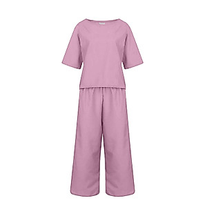 ZDRZK Return Pallets Two Piece Pajama Set For Women Linen Sets For Women 2 Piece Summer Loose Comfy Short Sleeve Crop Top Tshirt Wide Leg Pants Set Matching Lounge Sets Pink M