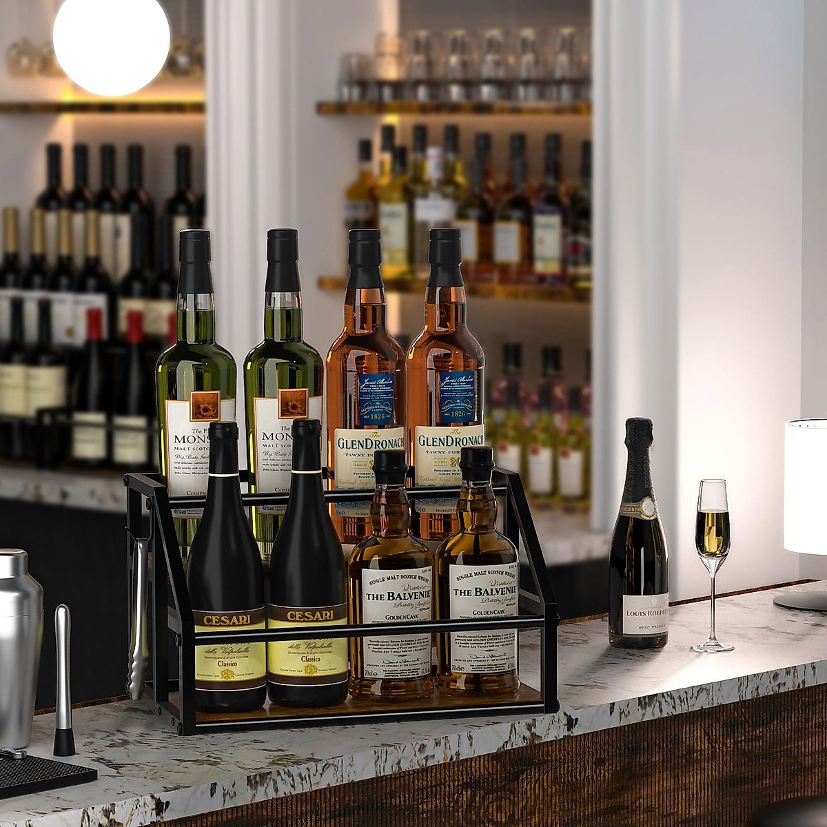 Coffee Syrup Rack Organizer, Syrup Bottle Holder Stand for Coffee Bar, 2-Tier 8 Bottles Storage Shelves for Syrup, Wine, Dressing for Kitchen Countertop, Rustic Brown & Black