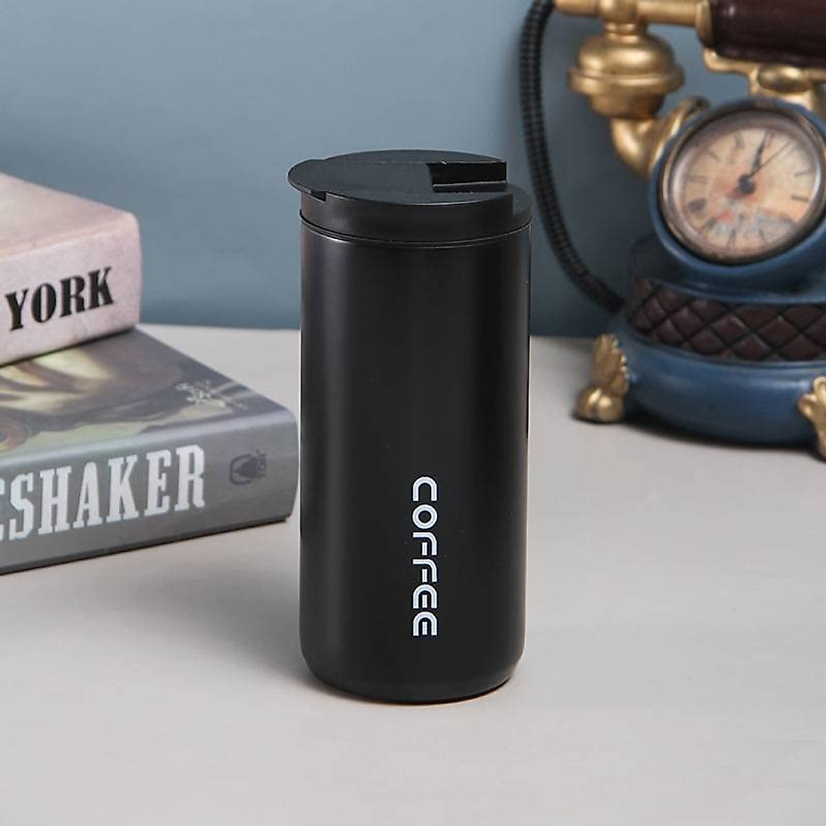 Coffe Cup Thermos for Hot Drinks stainless steel hot and cold white thermos that fits in cup holder 13.5oz/400ml (Black)