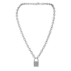 Qiuseadu 7th Moon Lock Pendant Necklace Statement Long Chain Punk Multilayer Choker Necklace for Women (Silver)
