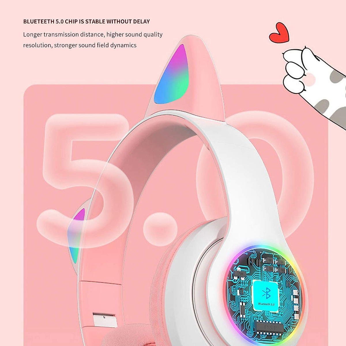 Cat Ear Headphones, Bluetooth 5.0 Cute Cat Ear Headphones Foldable HiFi Sound Quality Stereo Effect Rainbow Light Effect Kitty Gaming Headset for Kids Boys Girls PC Laptops Smartphones