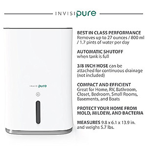 InvisiPure Hydrowave Dehumidifier - Small Compact Portable Dehumidifier for Home, RV, Bathroom, Closet, Bedroom, Small Room, Basement, Boat, Mold - Continuous Drain Hose Ready - Quiet Electric Peltier