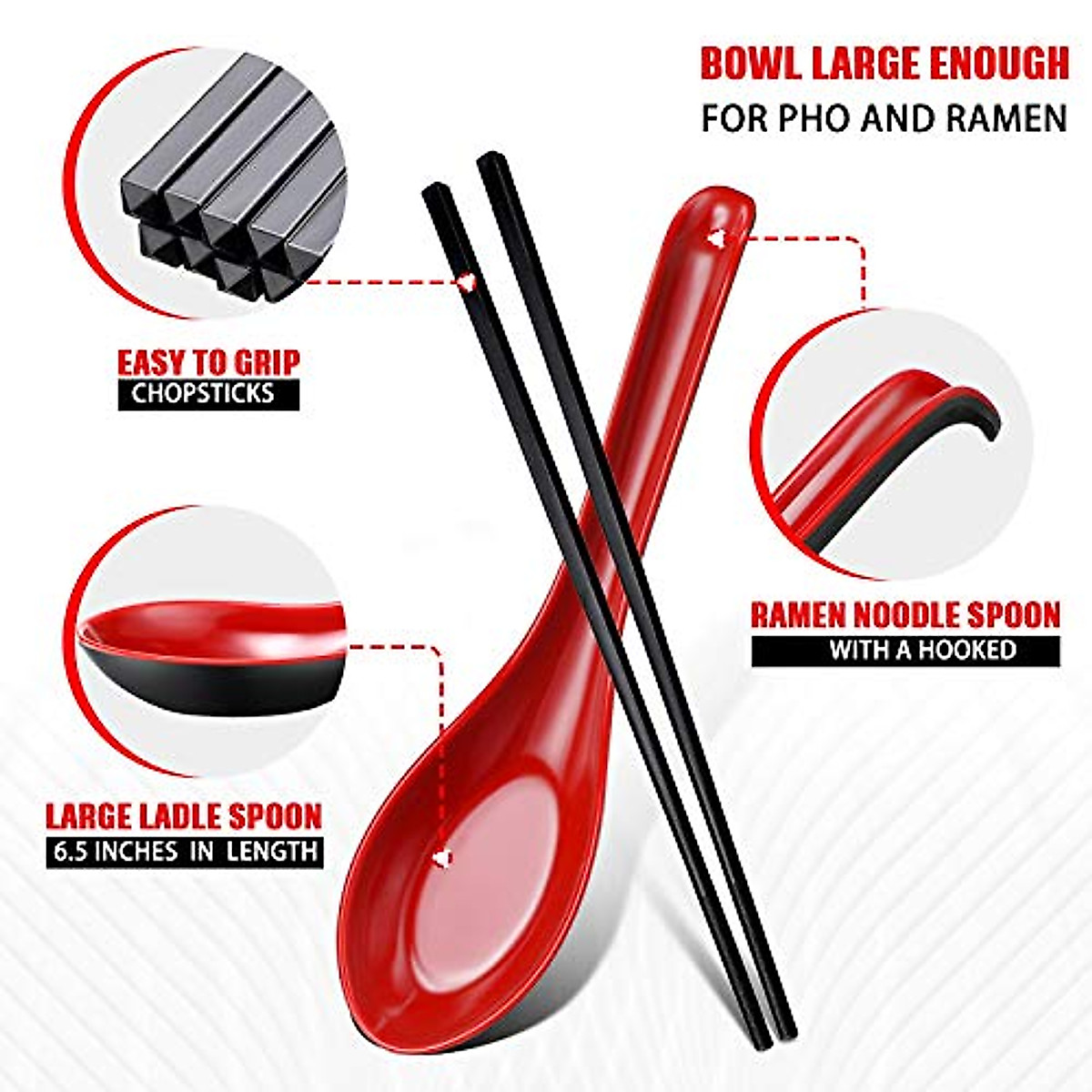 6 Sets 37 oz Large Ramen Bowl Set with Spoons Chopsticks, Asian, Chinese, Japanese or Pho Melamine Soup Bowl, Complete Dinnerware for Pho, Udon, Soup and Asian Cuisines