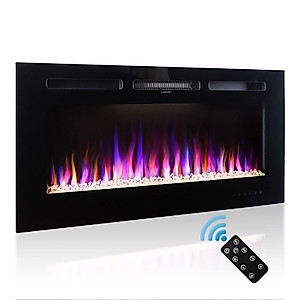 S-THROUGH 42 Inch Electric Fireplace Wall Mounted and Recessed, Linear Electric Fireplace with Remote Control & Timer, Touch Screen, Adjustable Flame Color, 750w/1500w Ultra-Thin Wall Fireplace Heater
