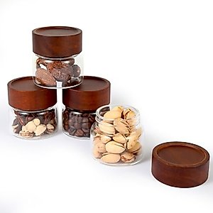 DOPHCOZFFY Salad Dressing Container To Go, 4.2 oz Glass Small Condiment with Lids, Dipping Sauce Cups Set, Leakproof Reusable for Lunch Box Work Trip (Bamboo and wood glass jar 4PCS)