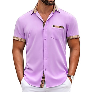 COOFANDY Dress Shirt for Men Casual Wrinkle Free Plaid Collar Button Down Shirts Light Purple