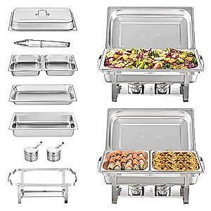 Mophorn Chafing Dish Buffet Set, 8 Qt 2 Pack, Stainless Chafer w/ 2 Full & 4 Half Size Pans, Rectangle Catering Warmer Server w/Lid Water Pan Folding Stand Fuel Tray Holder Clip