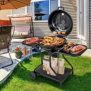 Giantex Kettle Charcoal Grill 22-Inch, Porcelain Enamel Body and Lid, 2 Side Tables with 4 Hooks, Storage Shelf, Upgraded Ash Catcher, Thermometer, Air Vents, Outdoor Cooking Barbecue Grill