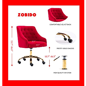 ZOBIDO Comfy Home Office Task Chair with Wheels, Cute Modern Upholstered Velvet Seashell Back Adjustable Swivel Vanity Desk Chair, for Women, for Kids, for Girls, Living Room, Bedroom, (Red)