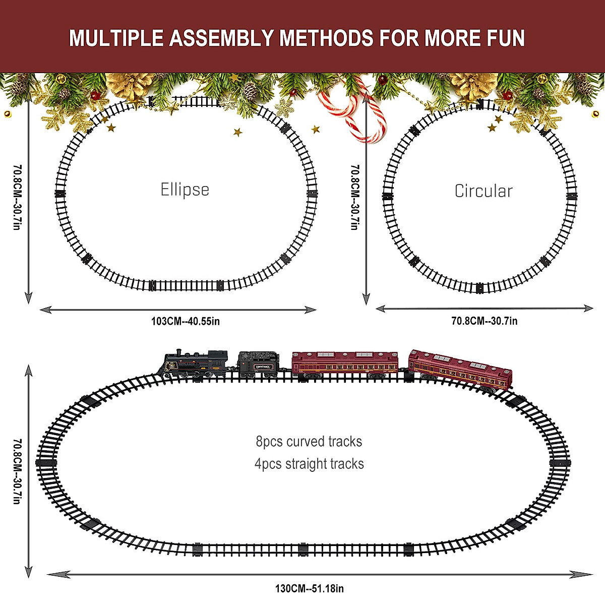 Electric Train Sets for Boys Girls Metal Alloy Christmas Trains Toys Steam Locomotive, Passenger Carriages, Tracks, Light & Sounds Rechargeable Birthday Gifts for Kids 3 4 5 6 7 8 + Years Old Red …
