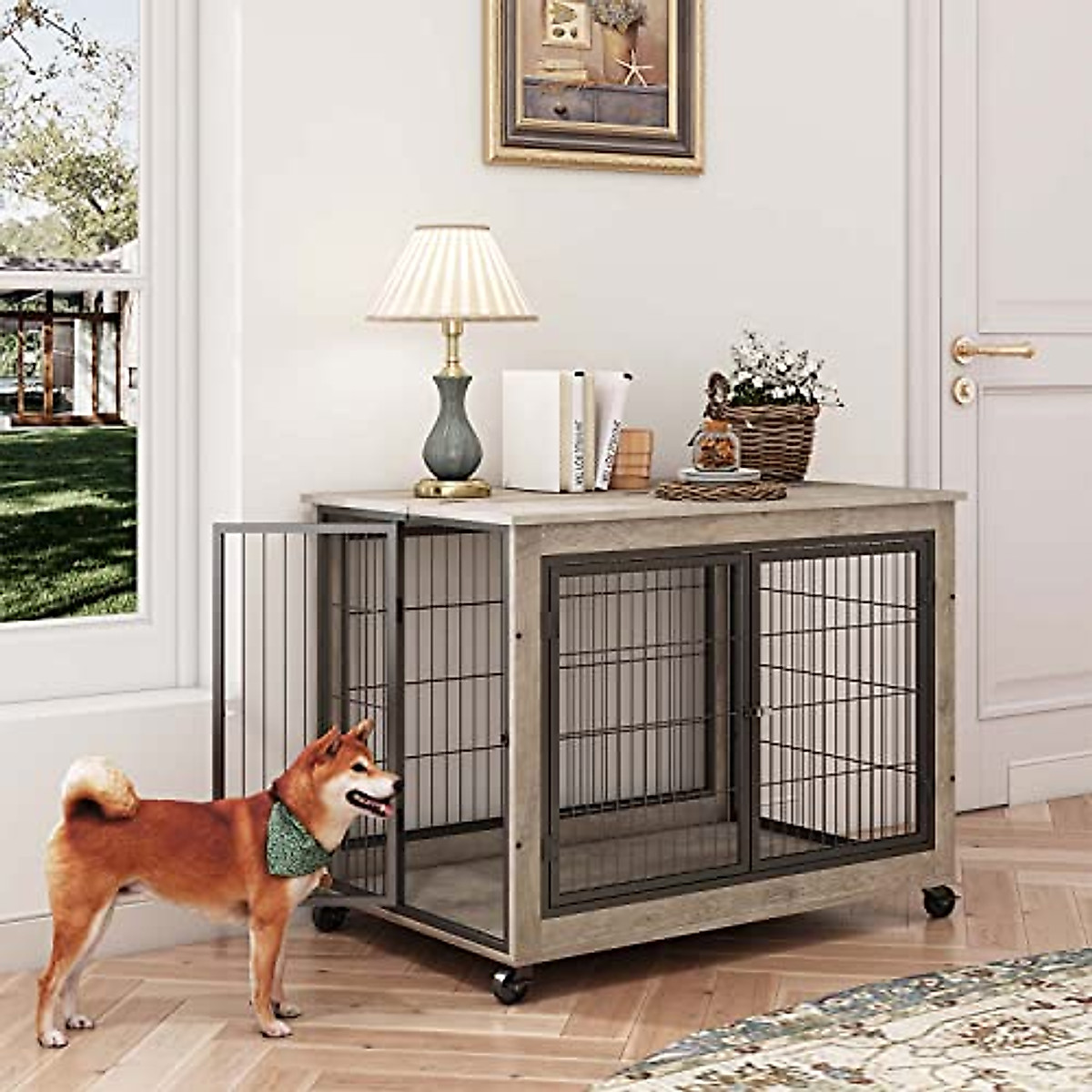 IchbinGo Dog Crate Furniture, Wooden Dog Crate Table, 38.5" Dog Kennel with 3 Doors, Flip-up Top Opening and Wheels, Decorative Pet Crate Dog House for Large/Medium/Small Dog Indoor Use (Rustic Grey)