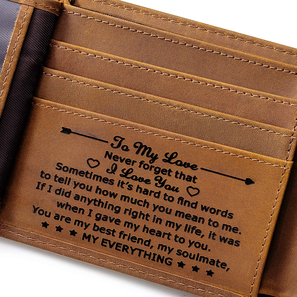 Fundykee Engraved Mens Wallet Personalized Leather Wallet for Men Husband Dad Son Boyfriend Love Custom Gifts (Tri-fold wallet to my love)