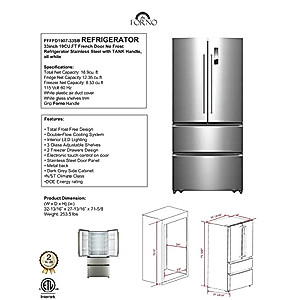 Forno Bovino 33" Inch W. Refrigerator 19 cu. Ft. Frost Free Design Stainless Steel Touch Control French Doors.