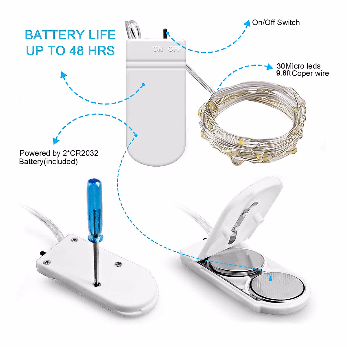 ANGMLN 10 Pack 9.8' 30 LED Battery Operated Fairy Lights Mini Copper Wire Firefly String Lights for DIY Home Solar Waterfall Fairy Bunch Lights Outdoor Waterproof