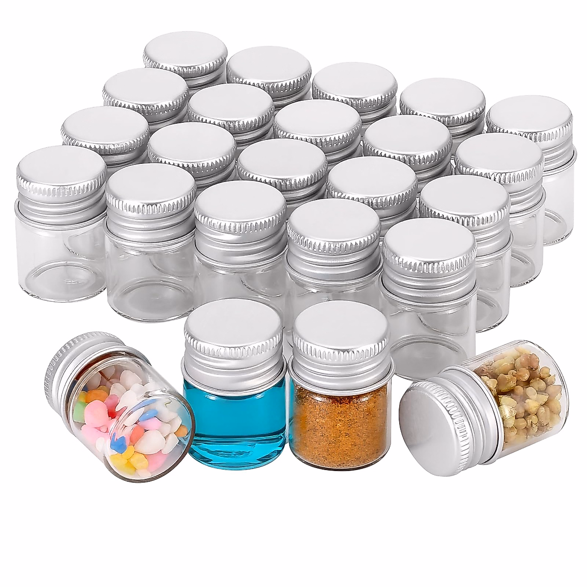 jiuwu 5 Ml Mini Bottles Aluminum Top Metal Lids Lids 24 Pcs Liquid Glass Bottle Small Glass Bottles with Lids Mini Glass Jars with Lids Mini Glass Bottles with Screw Caps for DIY Art Craft Storage