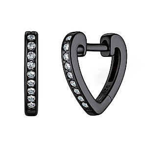 ChicSilver 7MM Small Black Hoop Earrings for Women 925 Sterling Silver White Cubic Zirconia Heart Huggie Earrings Hypoallergenic Lightweight Tiny Hoops Cartilage Earrings