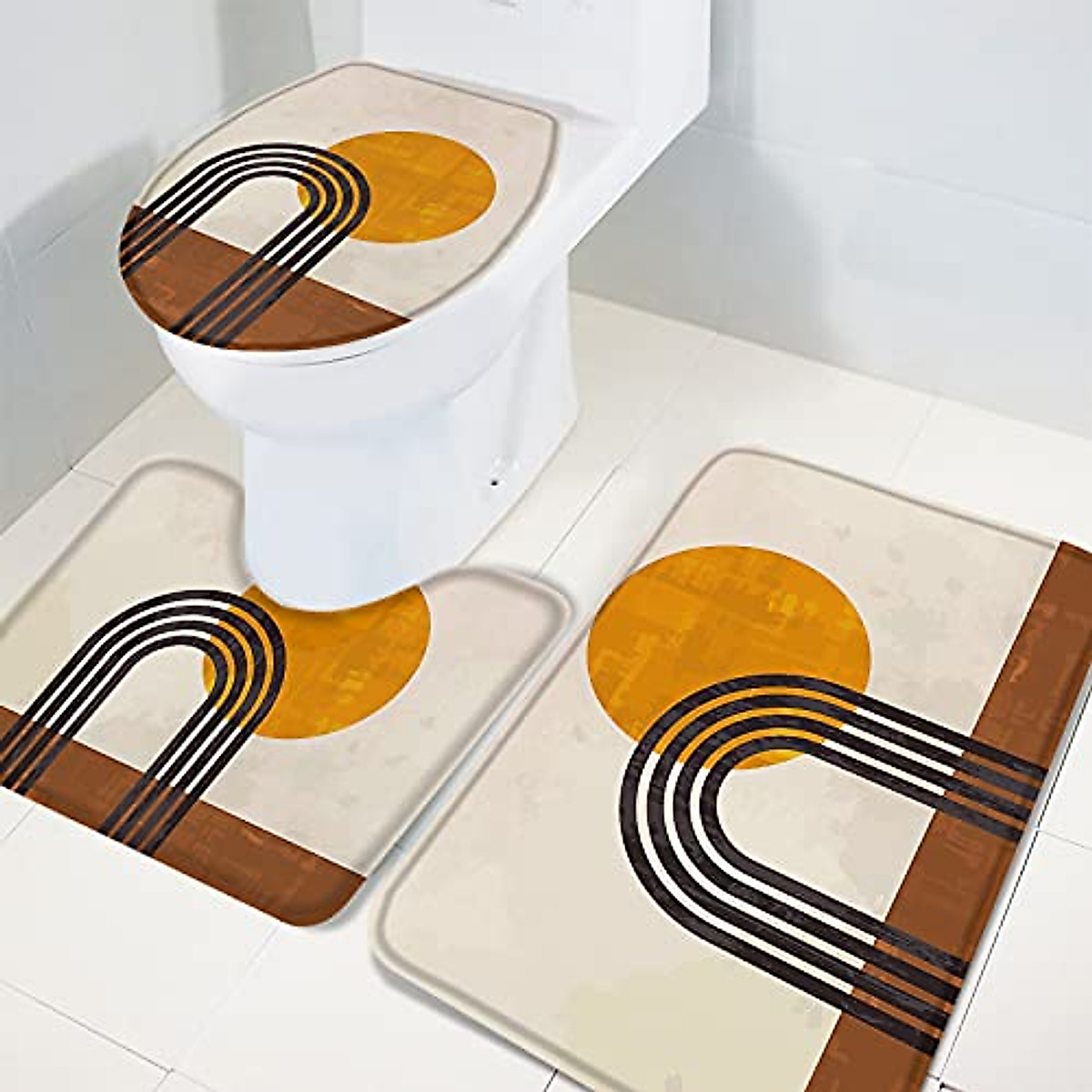 3 Piece Bath Rugs Sets Mid Century Abstract Modern Bathroom Mats Set Non Slip Water Absorbent U-Shaped Contour Toilet Mat Boho Minimalist Art Orange Sun Toilet Lid Cover
