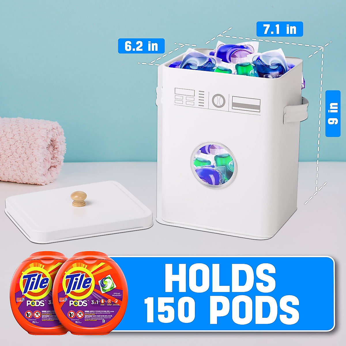 Skywin Metal Laundry Pod Container with Lift-Up Lid Wooden Handle - Laundry Pod Storage Container for Laundry Room Organization Laundry & Dishwasher Pod Laundry Container (White)