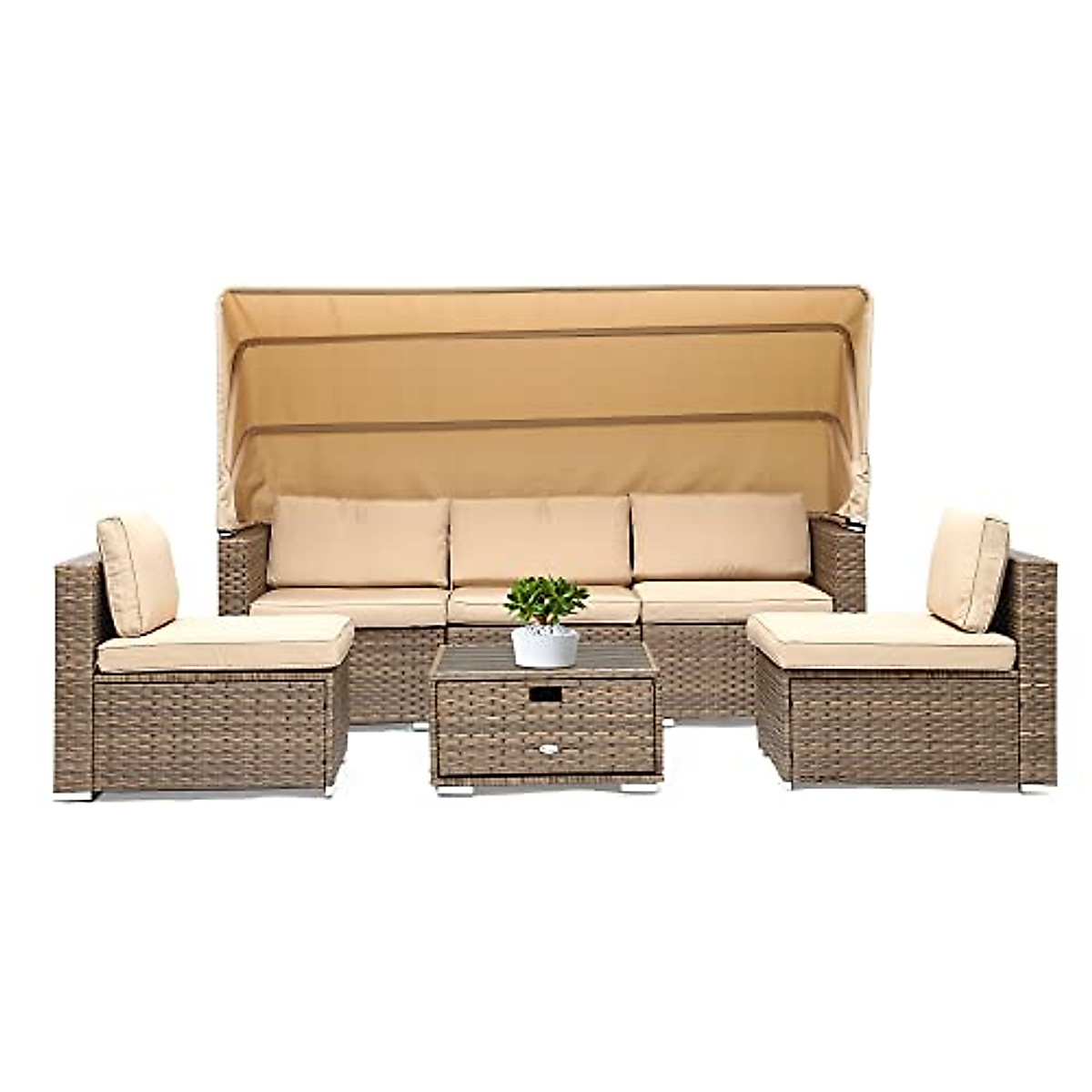 YITAHOME Patio Wicker Sofa Daybed Furniture Set with Retractable Canopy, Storable Side Table Outdoor Lounger with Soft Cushions for Backyard Porch (Light Brown + Beige)
