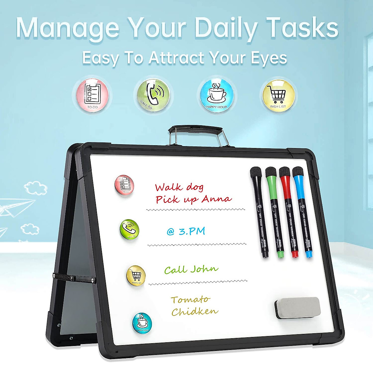 Small Dry Erase White Board - TSJ OFFICE 12" x 16" Mini Easel Desktop Double Sided Whiteboard, Portable Magnetic Board on Table Top with Holder for Drawing, Teacher Instruction, Memo Board