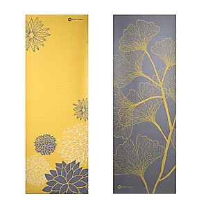 CAP Yoga Mat with Carry Strap, 5mm, Reversible Dahlia Design, Yellow/Gray