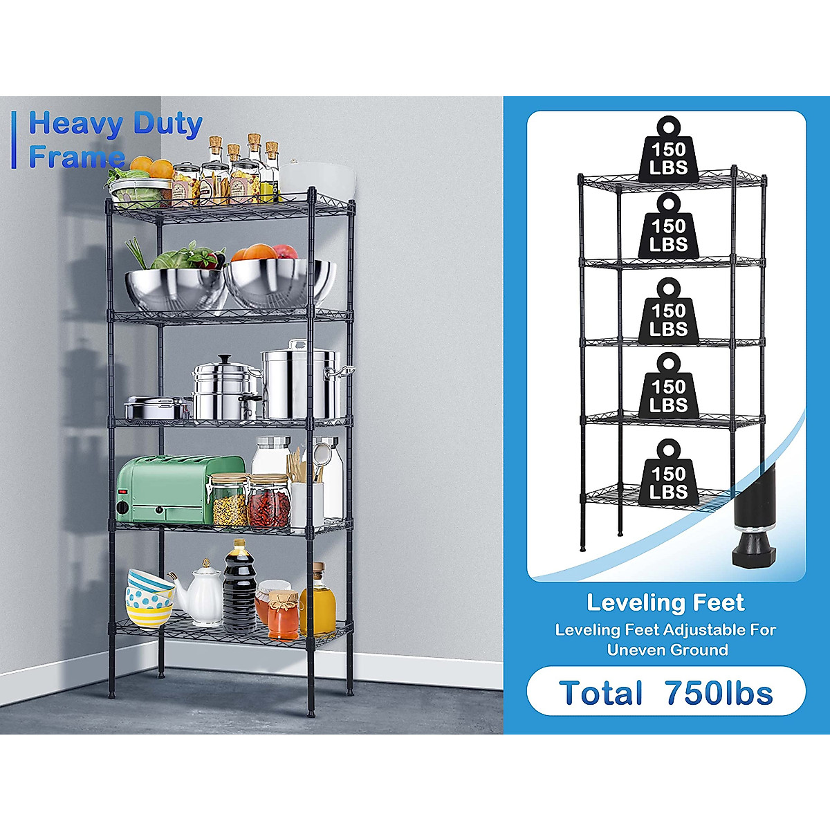 BIQWBIC 5 Tier Metal Shelf, Wire Shelving Unit with Adjustable Shelves, Storage Rack for Kitchen Pantry Closet, 22"Lx12"Wx48"H, Black
