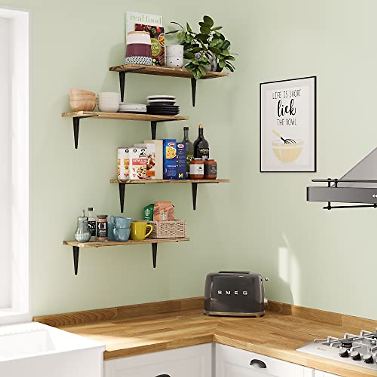 Wallniture Arras 24"x8" Floating Shelves for Wall Storage, Wall Bookshelf for Living Room Decor, Kitchen Organization and Storage Shelves, Bedroom Bookshelves, Burnt Finish Set of 4