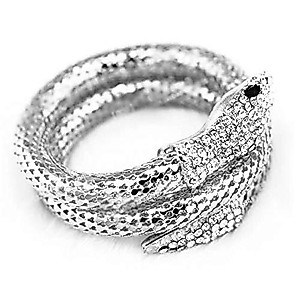 Mandy Xia Punk Rhinestone Curved Stretch Snake Animal Cuff Bangle Bracelet for Women Ladies Wristband Jewelry (Silver)