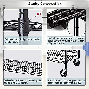 Heavy Duty 6 Tier Wire Shelving Unit Adjustable Storage Rack on Wheels 6000 Lbs Weight Capacity Metal Shelves Space Saving Wire Shelf Multifunctional Garage Shelving for Commercial Storage, Black