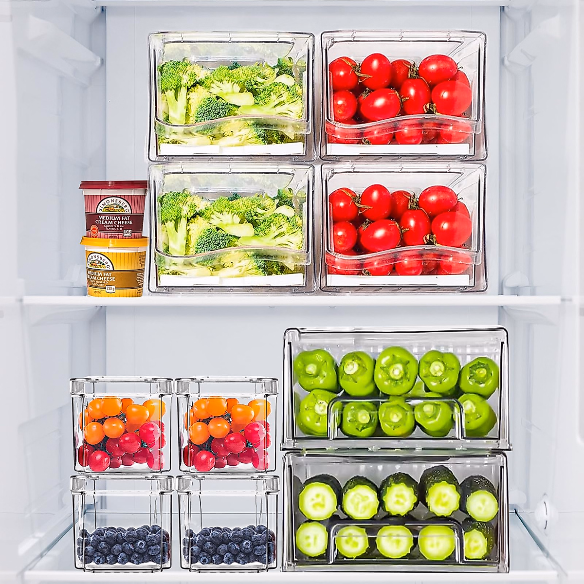 2 Pcs Refrigerator Organizer Bins Pull-Out Drawers, Clear Fridge Drawers, Stackable Fridge Organizer Drawers, Food Storage Containers for Fruit & Vegetables, for Kitchen, Freezers, Storage Rooms