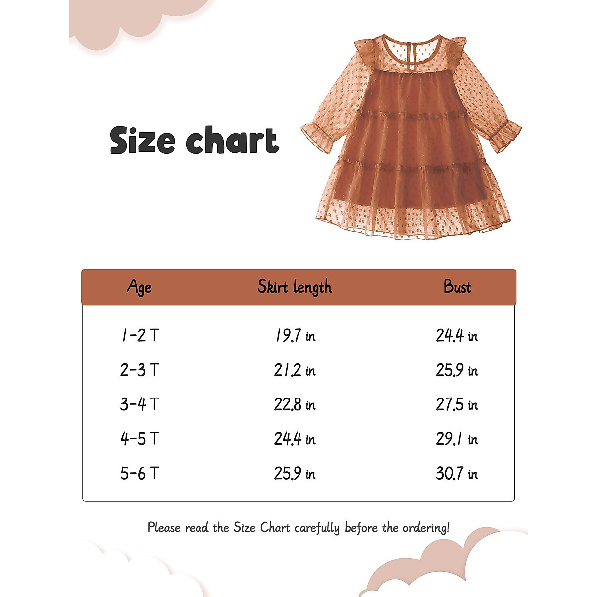 Glaoly Flower Girl Dress Summer A-Line Brown Ruffle Swiss Dot Mesh Flowy Chiffon Long Sleeve Princess Toddler Dress 5-6T