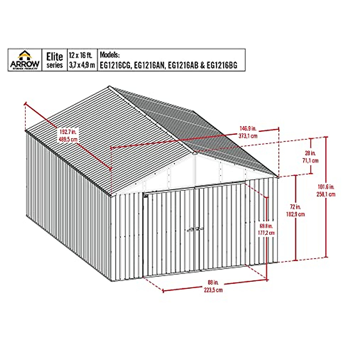 Arrow Shed Elite 12' x 16' Outdoor Lockable Gable Roof Steel Storage Shed Building, Blue Grey