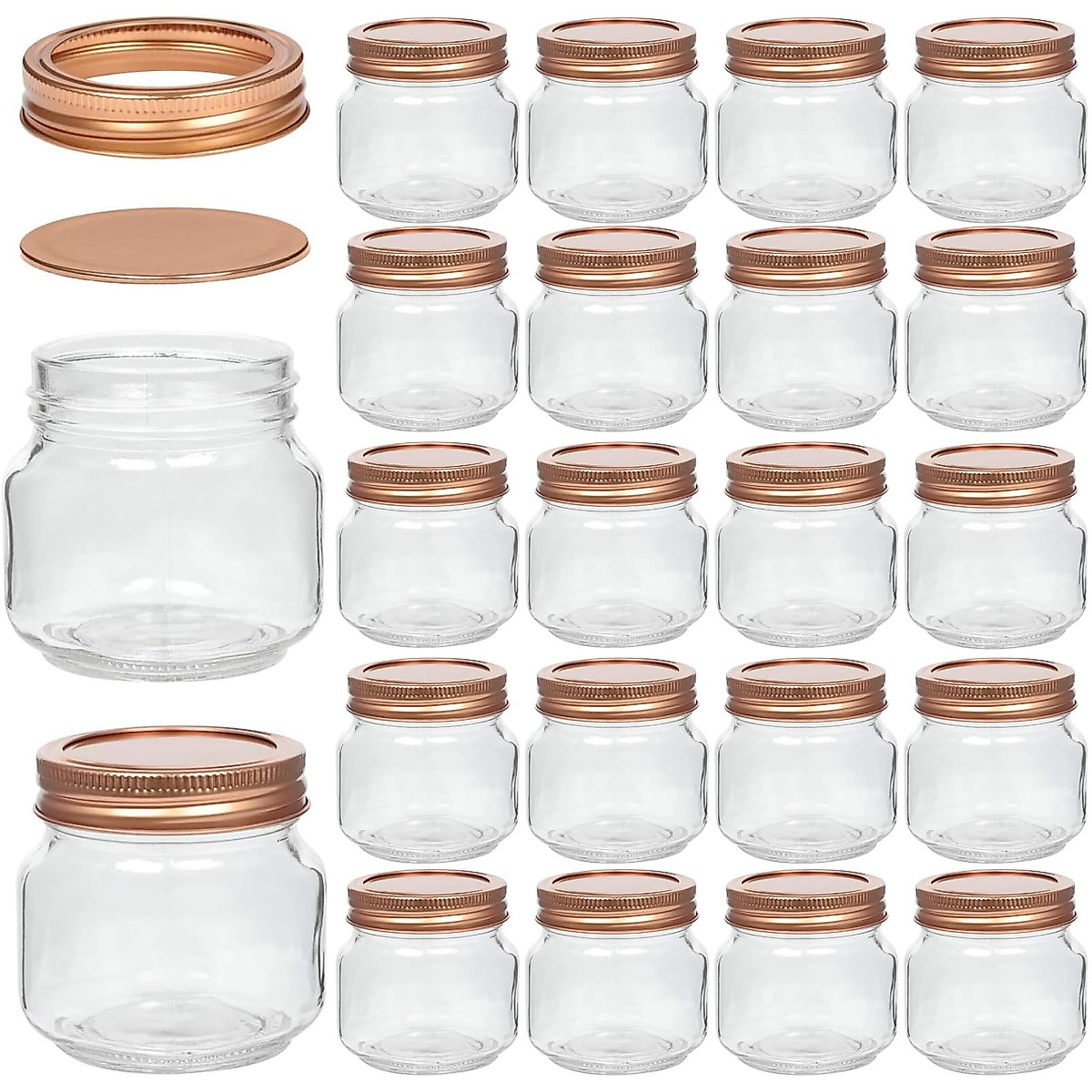 WILLDAN Set of 24-8OZ Mason Jars With Regular Lids Rose Gold Edition - Ideal for Body Scrubs, Lotions, Jam, Honey, Wedding Favors, Shower Favors, Baby Foods, 30 Whiteboard Labels Included