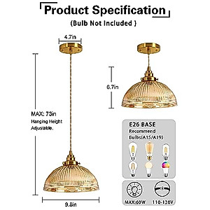 QianZhan Glass Pendant Light, 9.8" Gold Brushed Pendant Lighting Fixtures with Amber Glass Shade, Modern Dome Hanging Lights for Kitchen Island Dining Room Hallway Bedroom