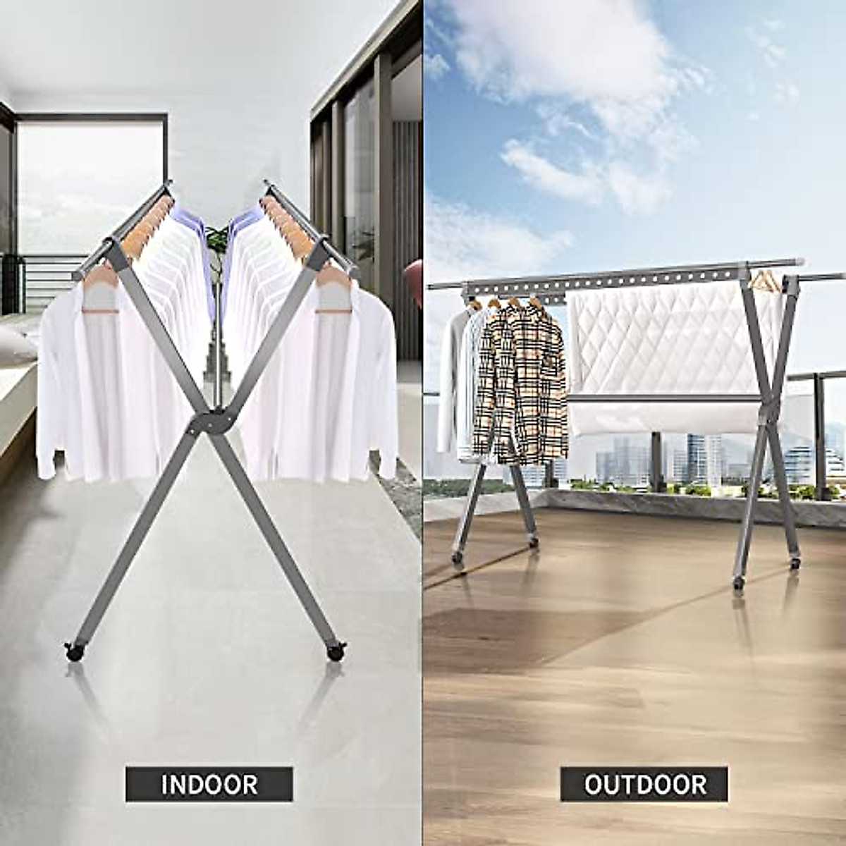 HWAJAN 90 Inches Folding Clothes Drying Rack Indoor Outdoor-Aluminum Collapsible Clothing Drying Racks for Laundry-Heavy Duty Foldable Clothes Dryer Rack with 42 Windproof Hooks,Large,Grey