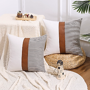 Mecatny Faux Leather Throw Pillows for Couch - Farmhouse Decorative Pillows with Inserts Included - Boho Striped Accent Pillows for Living Room - 18" x 18" - Black (Set of 2)