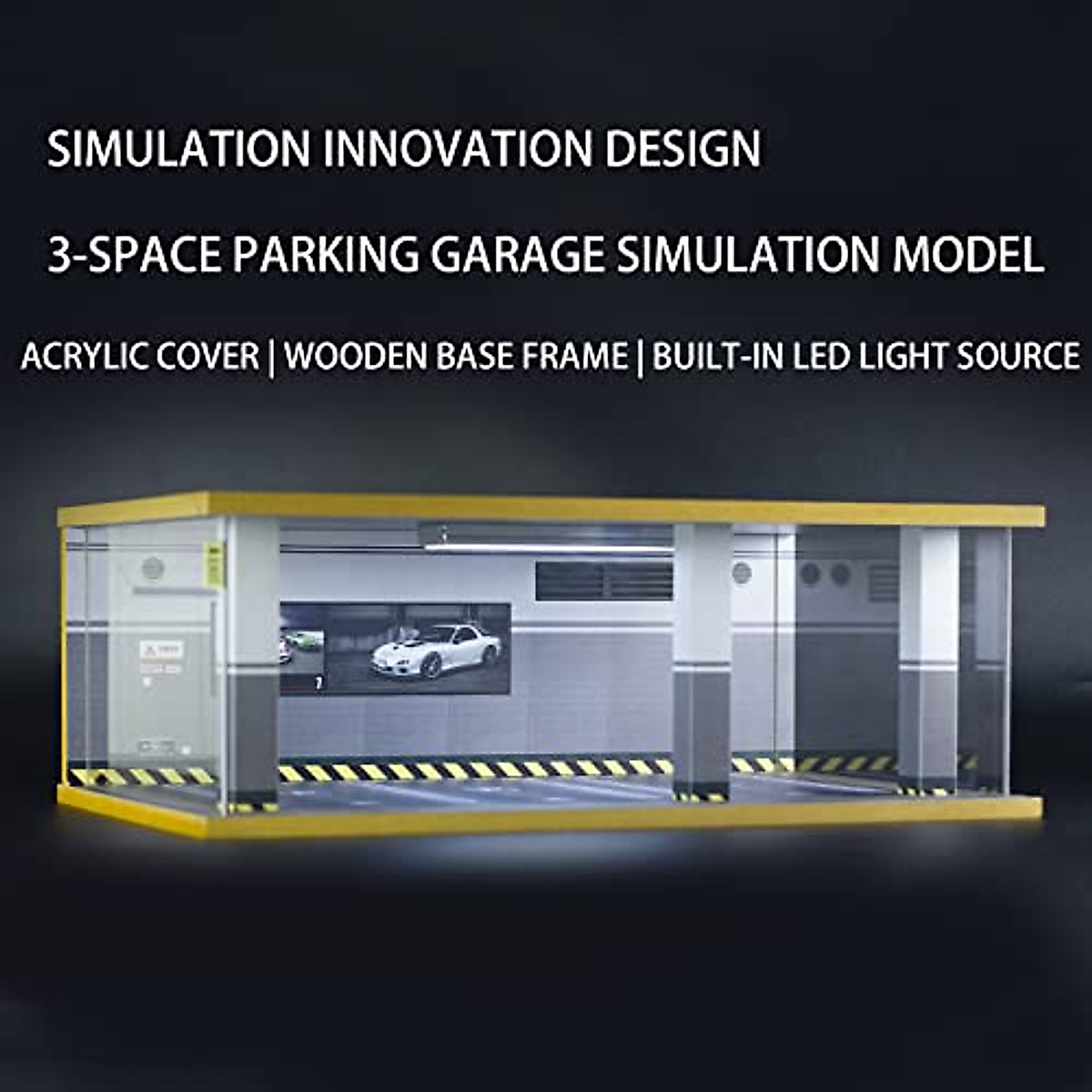 Sikivot 1/24 Scale Car Display Case,Car Model Toy with Parking Lot Scene, Die-cast Car Garage Display Case,2 Parking Space Acrylic Toy Garage with LED Light