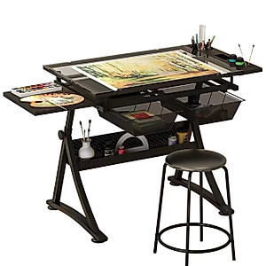 VejiA Glass Drafting Table, Height Adjustable Drawing Desk with Stool, Tiltable Desk Art Table 0°-50°, Tempered Glass Top Painting Desk, Art Craft Work Station, with