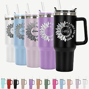 LifGif Sunflower Personalized Tumbler 40 oz Laser Engraved, Insulated Cup with Handle, Lid and Straw, In a World Full of Sunshine Stainless Steel Large Vacuum Insulated, Custom Gift for Birthday