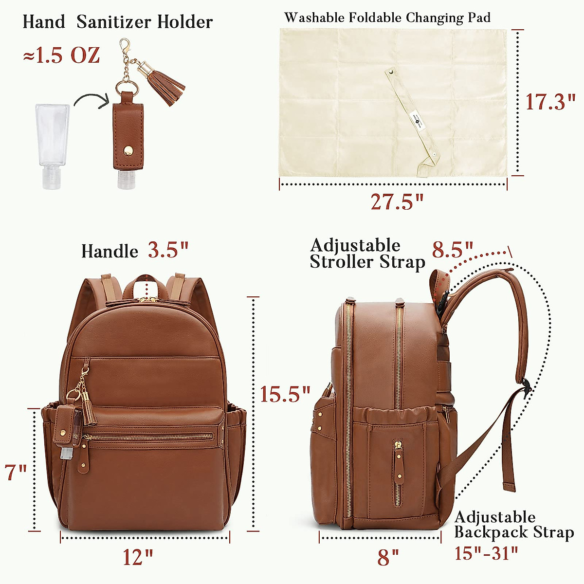 miss fong Diaper Bag, Diaper Bag Backpack, Baby Diaper Bag, Leather Diaper Bag Backpack with Changing Pad & Stroller Strap,Multi-function Large Capacity & Waterproof Travel Backpack, Brown